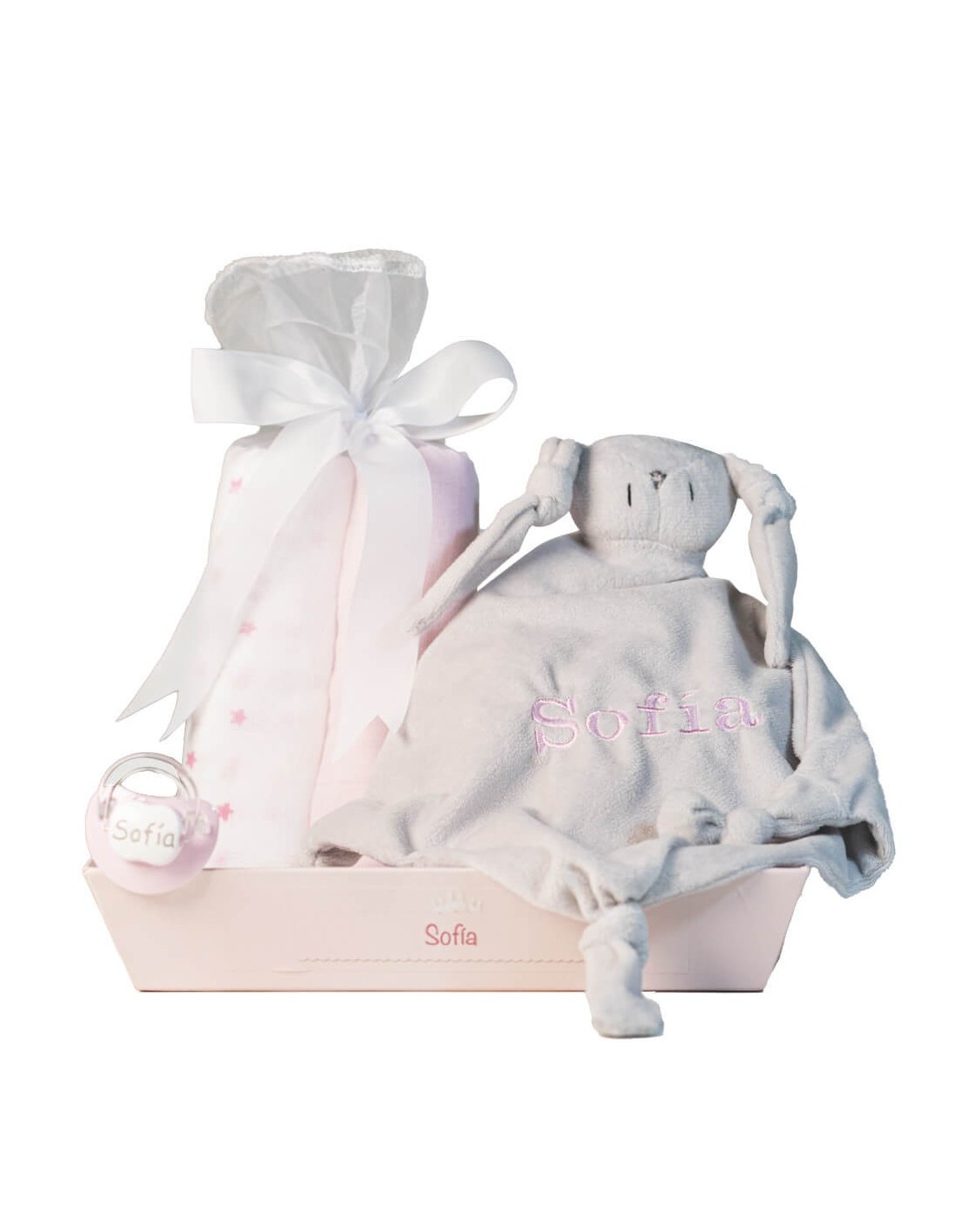 Muslin, Doudou & Personalized Pacifier Set | Newborn Baby Gift