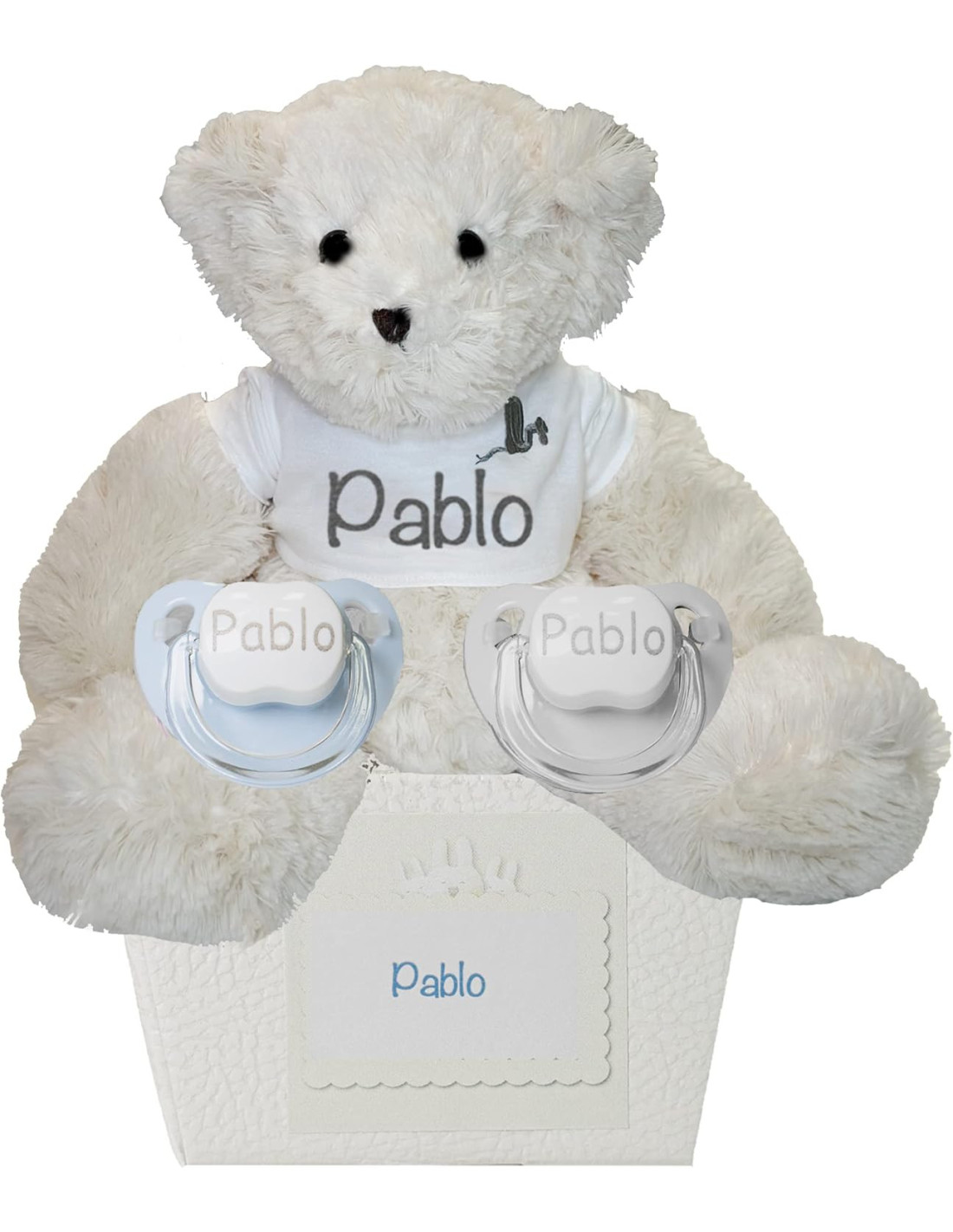 Set of 2 Personalized Pacifiers and Teddy Bear | Unique Baby Gift